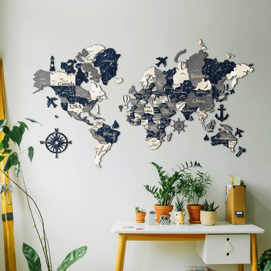 3D Colored Wooden World Map (Standart) - Sapphire Blue – JustLikeWood