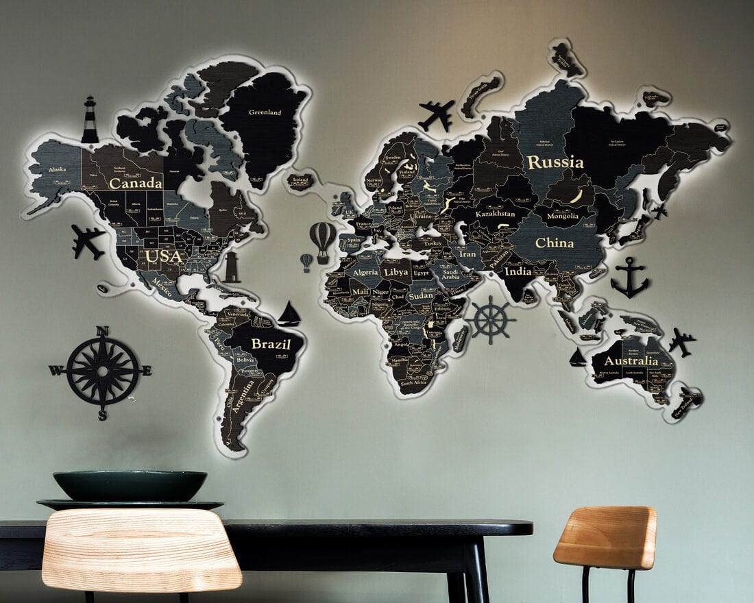 3D LED Wooden World Map Standart - Dark Grey – JustLikeWood