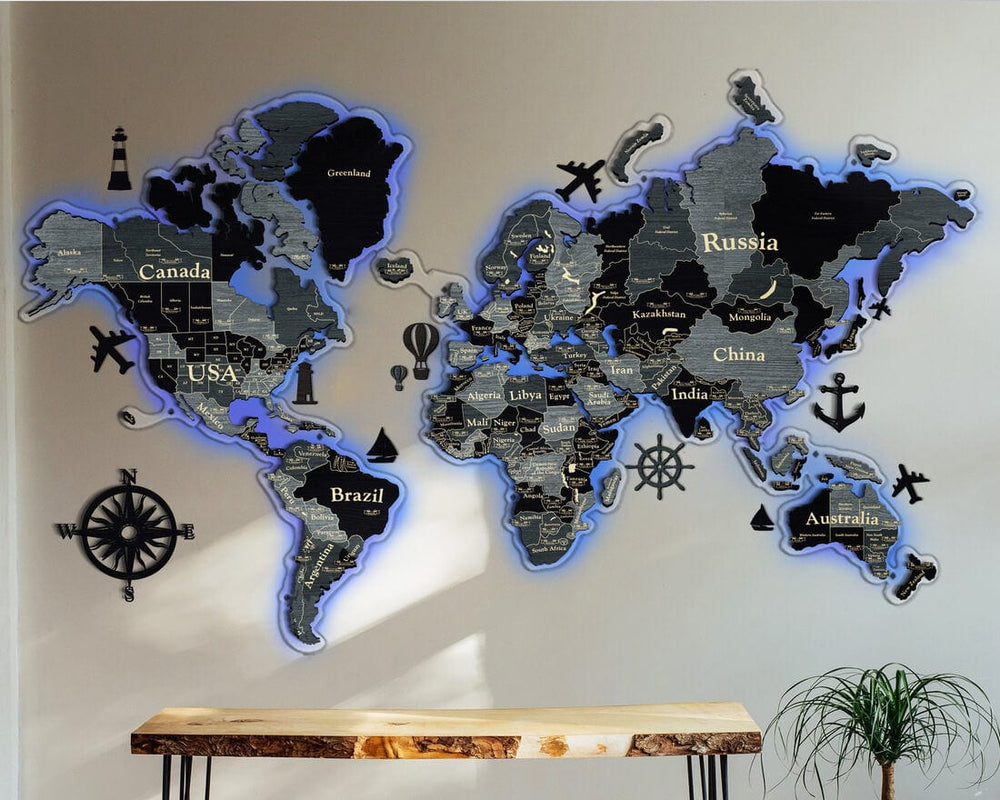 3D LED World Map Standart in light grey is not just a piece of interio ...