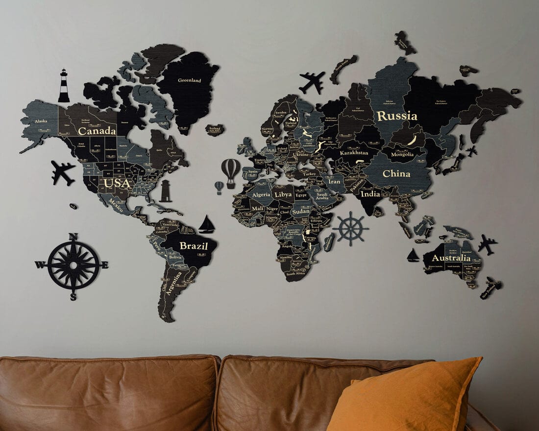 3D Wooden World Map (Standart) - Dark Grey – JustLikeWood